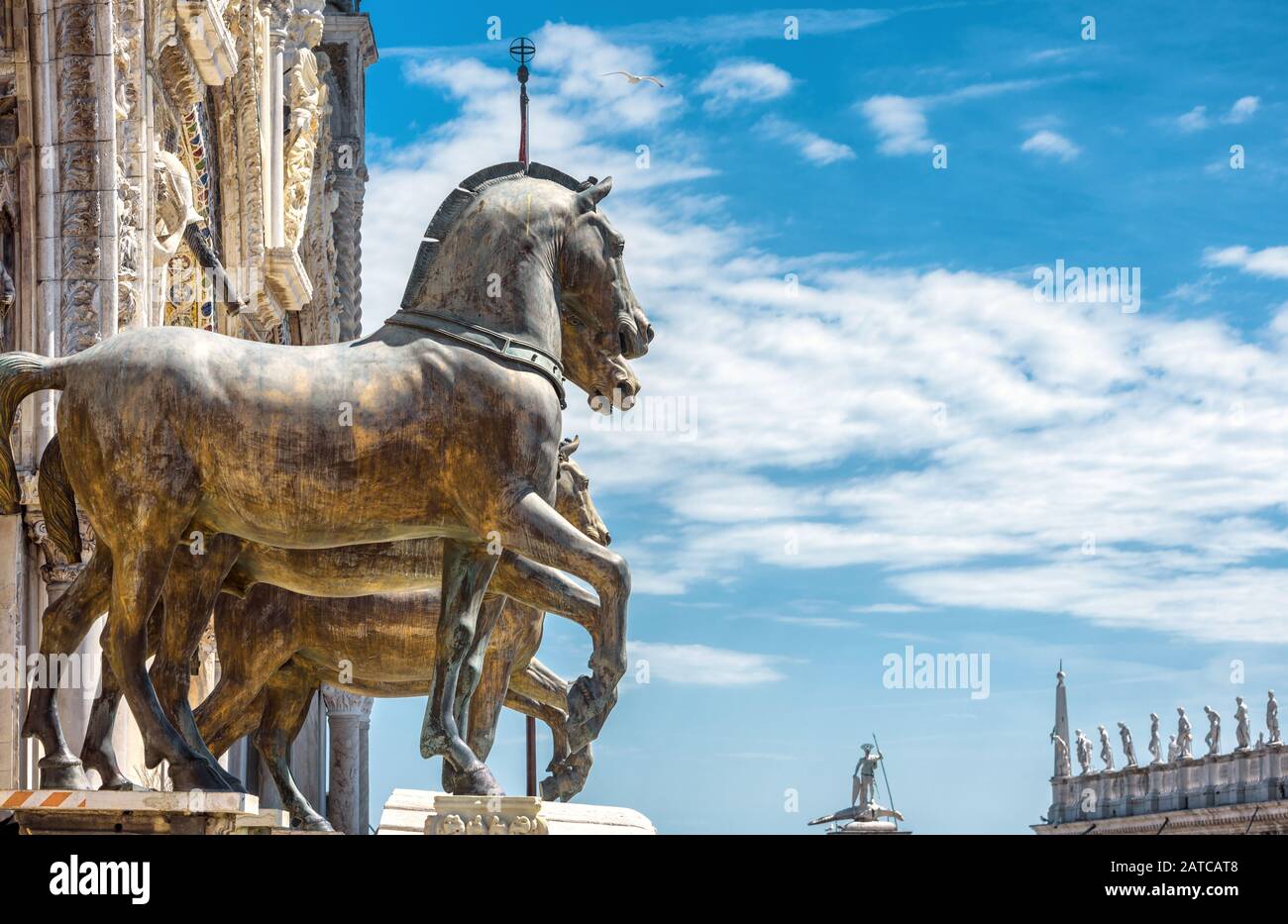 Ancient bronze horses of the Basilica di San Marco over the Piazza San Marco, or St Mark`s ...
